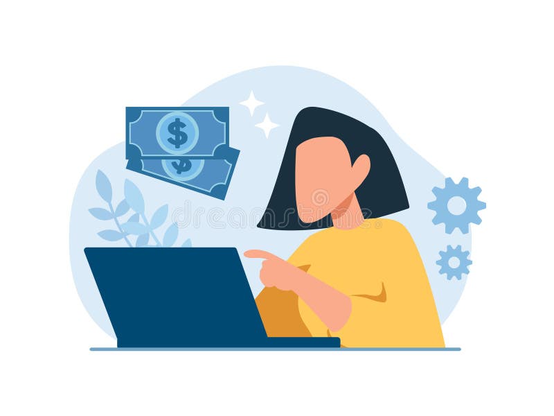Vector of a Woman Working on Computer Earning Money Online Stock ...