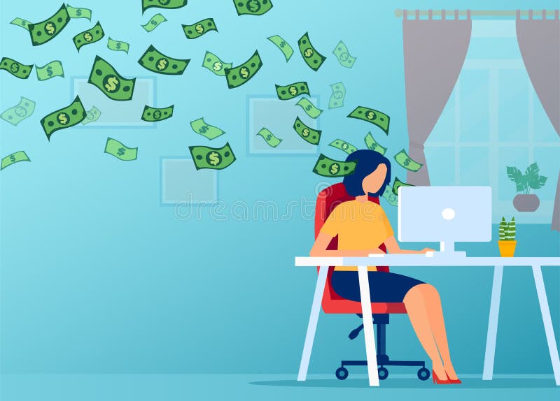 Vector of a Woman Working on Computer from Home and Earnings Money ...