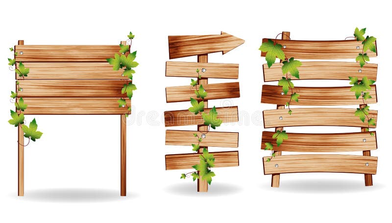 Vector Wooden Signs with Green Leaves Stock Vector - Illustration of ...