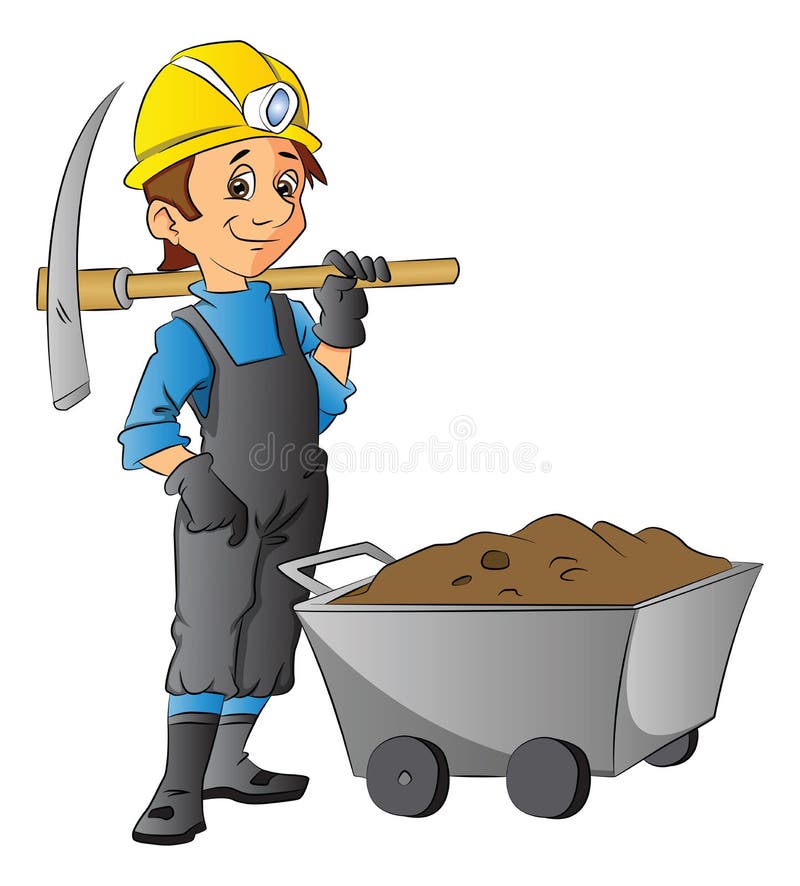 Vector of Worker Holding Pickaxe Next To Wheelbarrow Full of Mud Stock ...