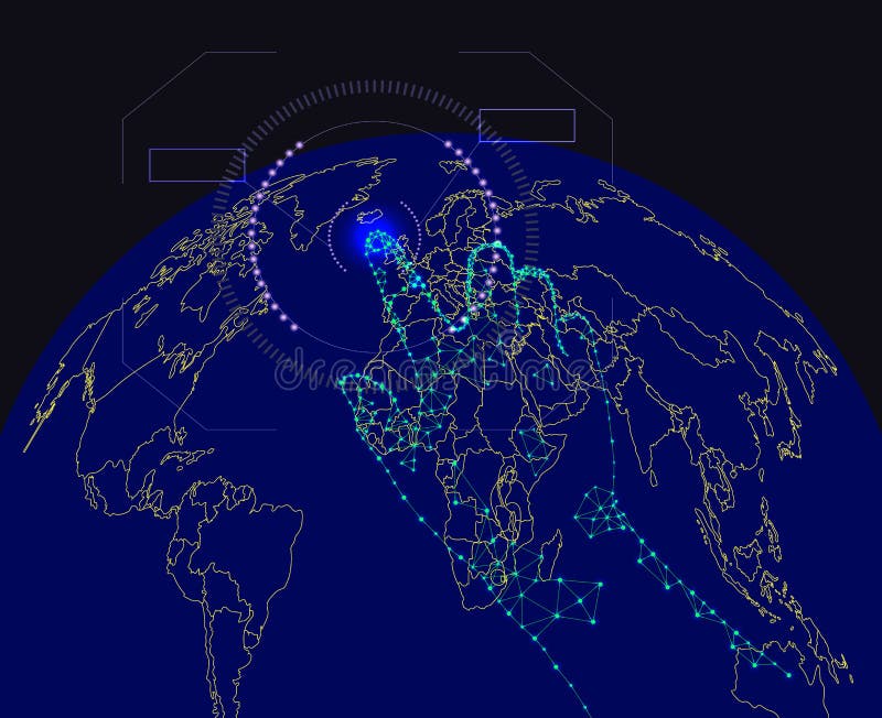 Vector Worl Map and Cyber Pointing Finger, Blue Earth Globe and ...