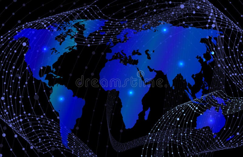 Vector World Map Background, Dark Colors and Shining Dots, Wireframe ...