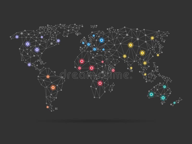 World Map from Lines and Triangles, Point Connecting Network on Blue ...