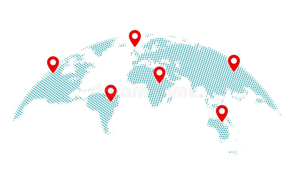 Vector World Map with Pointers, Half Tone Style Stock Illustration - Illustration of world ...