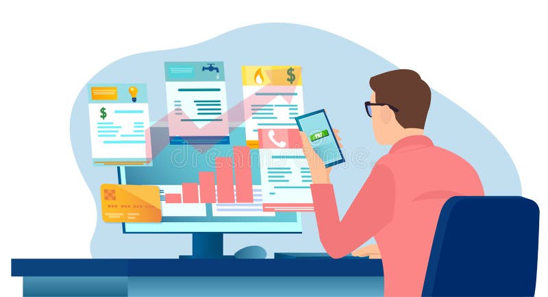 Vector of a Worried Man Checking Rising Up Utility Bills Online on His ...