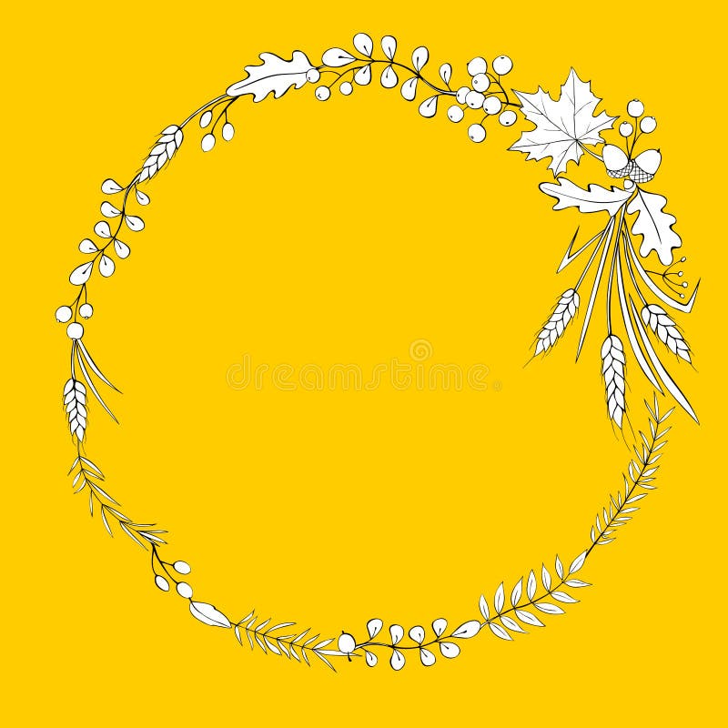 Vector Wreath of Autumn Leaves in Doodle Flat Style. Round Frame ...