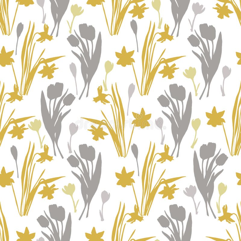 Vector Yellow and Grey Spring Flower Silhouettes Repeat Pattern ...