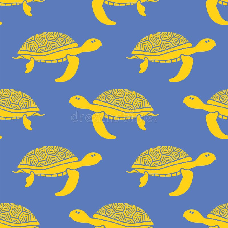 Vector Yellow Ocean Turtle Icon Seamless Pattern Isolated on Blue ...
