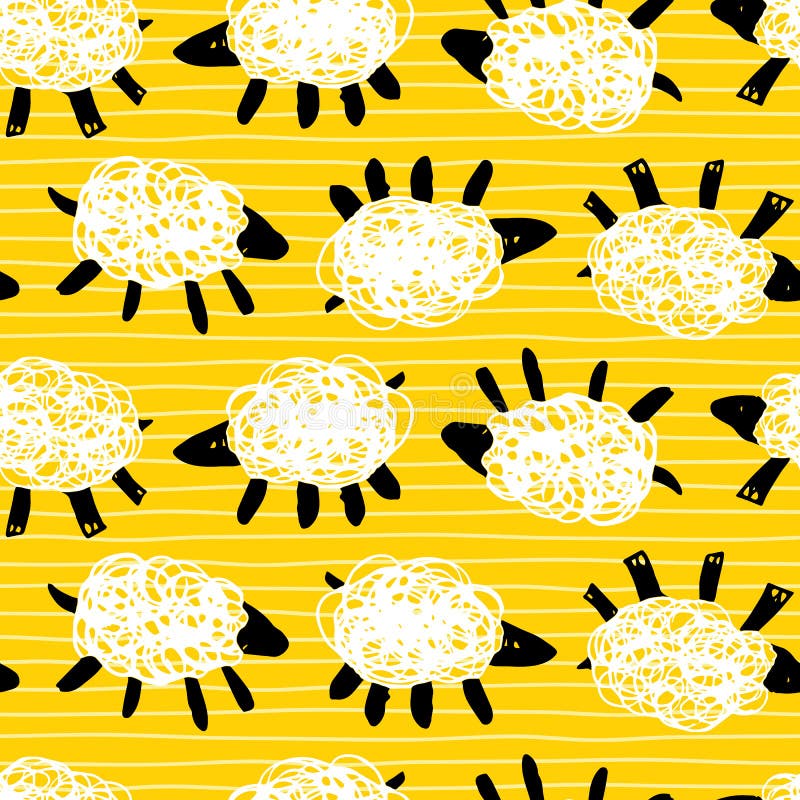 Vector Yellow Sheep Zzz Simple Rows Cute Doodles Seamless Pattern with ...