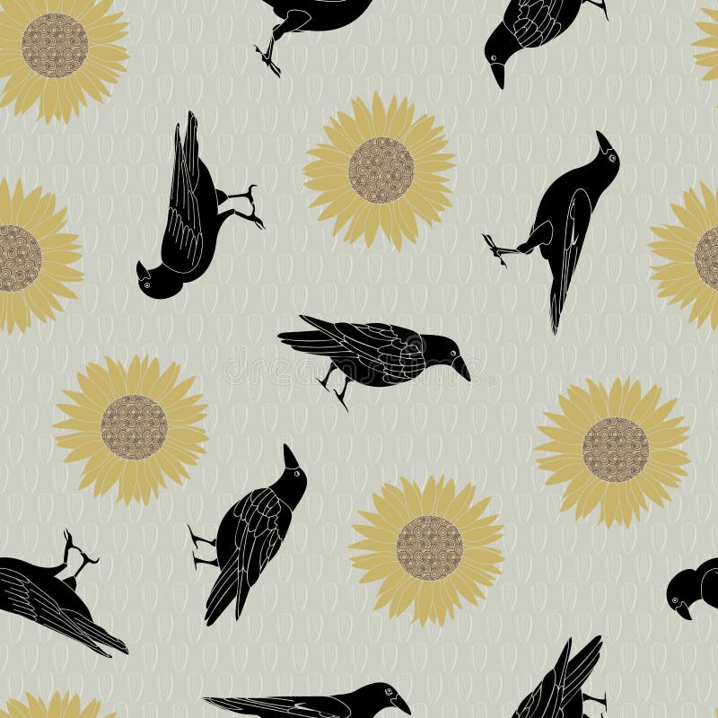 Vector Crows Ravens Birds on Gray Grey Background Seamless Repeat ...