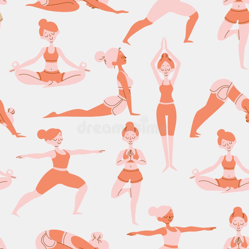 Woman Practicing Yoga Hand Drawn Seamless Pattern. Stock Vector ...