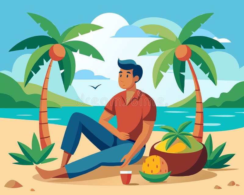 Vector of a Young Man Sitting Beneath a Coconut Tree on a Tropical ...