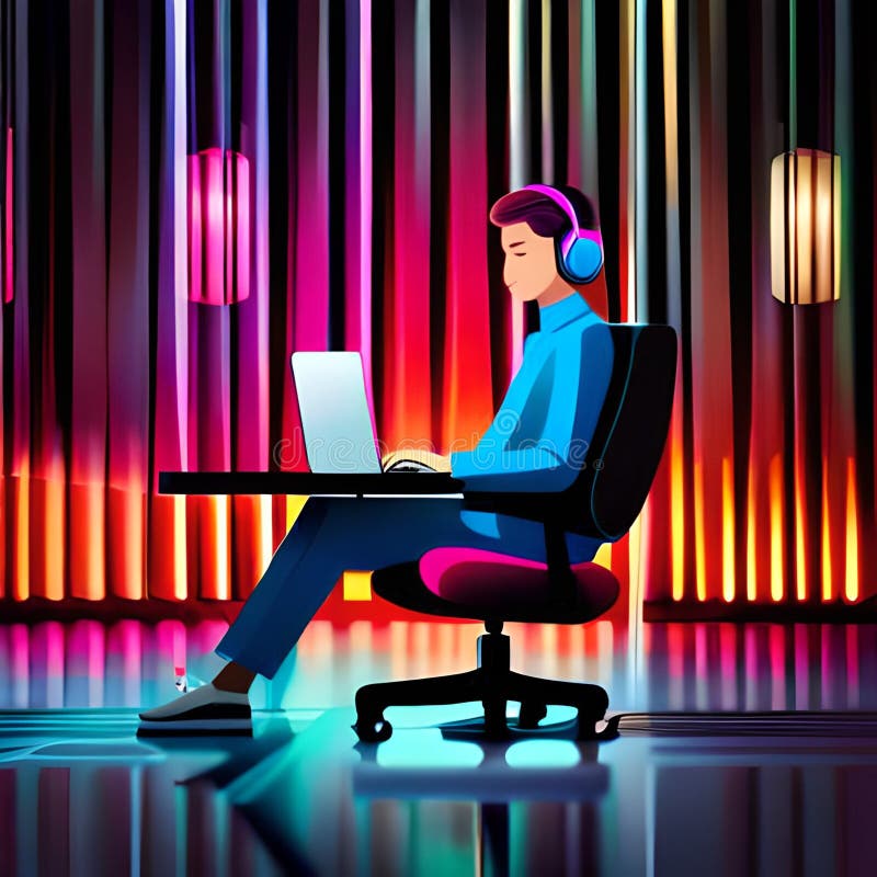 Young Student Working or Study on Laptop in Library Stock Illustration ...