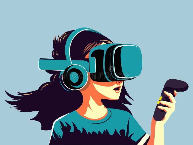 Vector of Young Woman Wearing VR Box with Headphone Using Remote ...