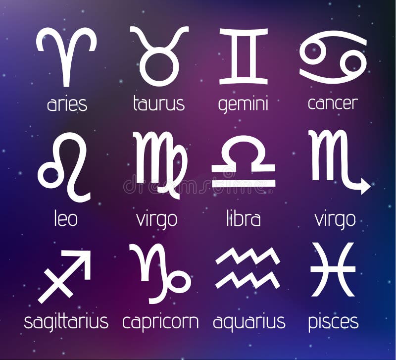 Vector Zodiac Signs Set Illustration on Cosmic Galaxy Background Stock ...