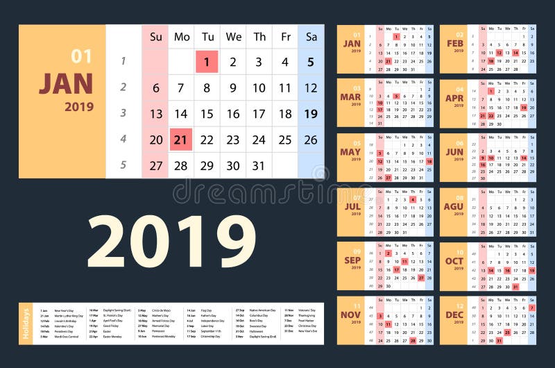 Vectorkalender 2019 Beige Reeks Het Begin Van De Week Op Zondag ...