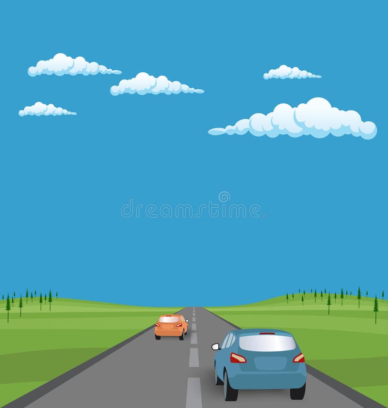 Vectorlandschapsachtergrond: Weg Met Auto's in Groene Vallei, Hil ...