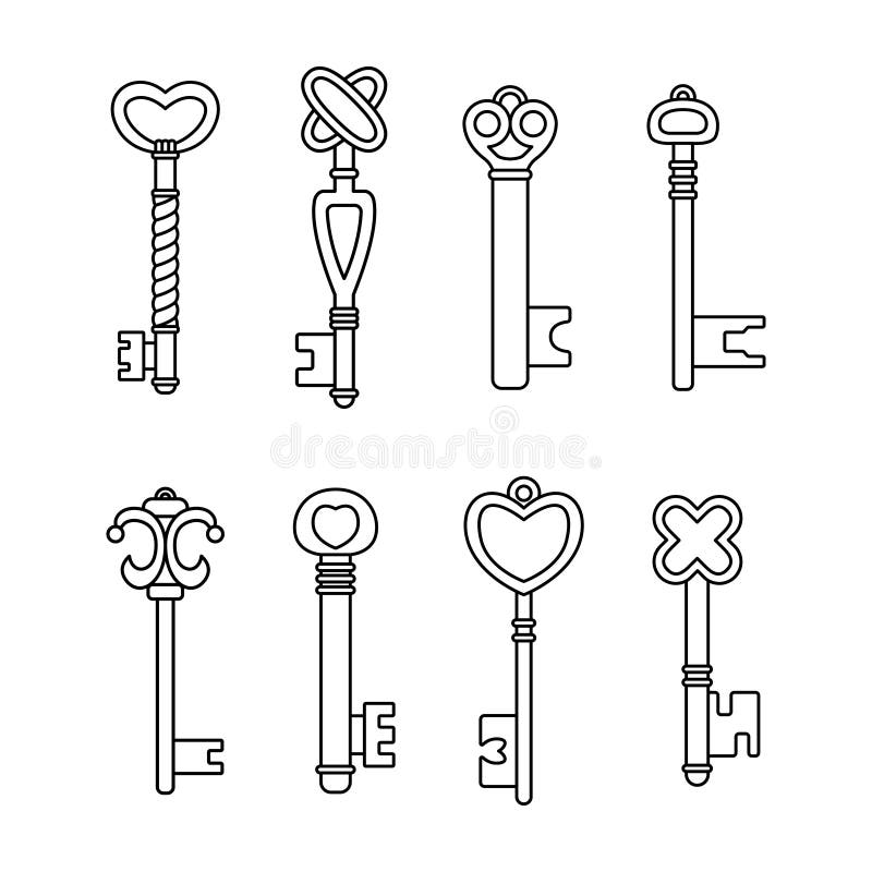 Vector Set of Retro Keys in Outline Style Stock Vector - Illustration ...