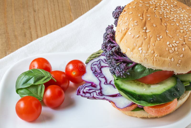 Vegan Burger with Fresh Vegetables Stock Image - Image of eating ...