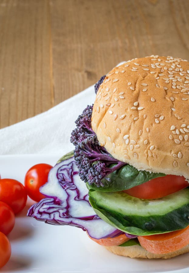 Vegan Burger with Fresh Vegetables Stock Photo - Image of cooking, bran ...