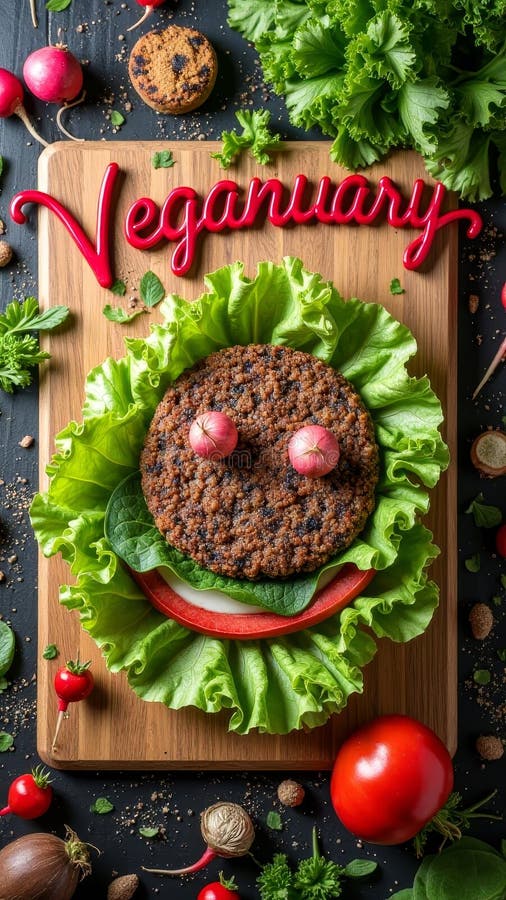 Vegan Burger with Smiley Face on Lettuce with Veganuary Theme Stock ...