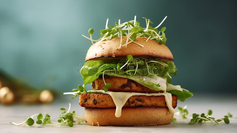 Vegan Burger with Tofu and Microgreens. Stock Illustration ...