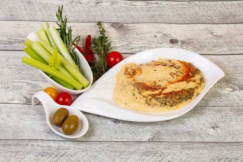 Vegan cuisine - Humus stock image. Image of wooden, white - 193242461