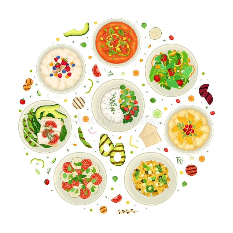 Vegan Dish and Main Course Round Composition Design with Vegetables ...