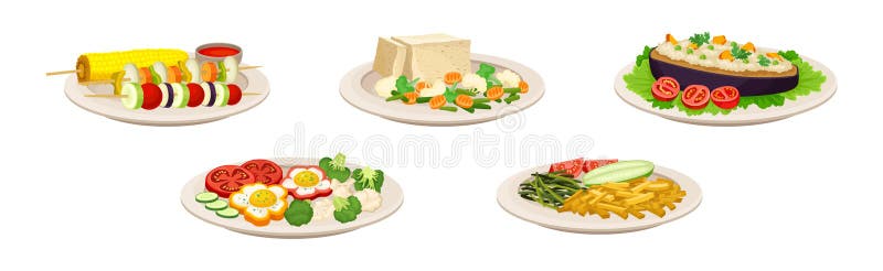 Vegan Dish and Main Course with Vegetables Served on Plate Vector Set ...