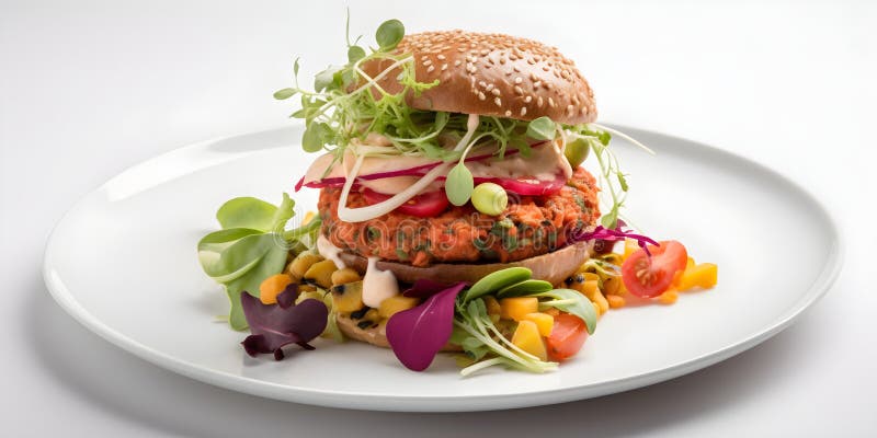 Vegan Lentils Burger with Vegetables on a Plate on White Background. AI ...