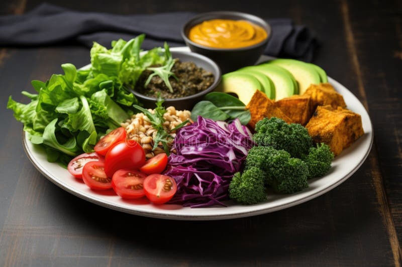 Vegan Meal Plate with Fresh Vegetables and Leafy Greens Stock Image ...