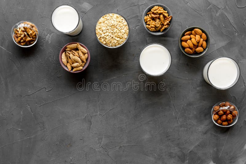 Vegan Non-diary Milk. Alternative Types of Milk with Nuts and Oat Stock ...