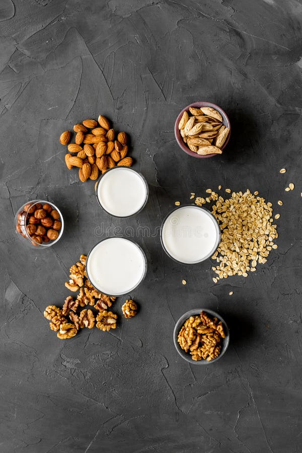 Vegan Non-diary Milk. Alternative Types of Milk with Nuts and Oat Stock ...