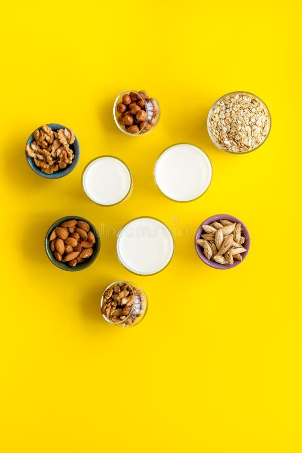 Vegan Non-diary Milk. Alternative Types of Milk with Nuts and Oat Stock ...