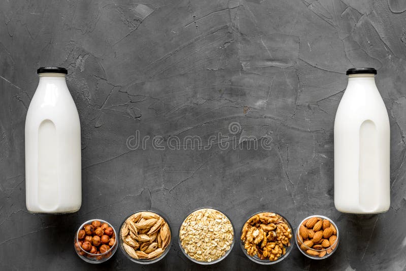 Vegan Non-diary Milk. Alternative Types of Milk with Nuts and Oat Stock ...
