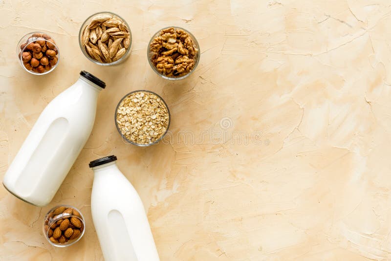 Vegan Non-diary Milk. Alternative Types of Milk with Nuts and Oat Stock ...