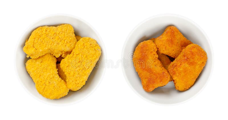 Pre-fried and Deep-fried Vegan Nuggets, in White Bowls Over White Stock ...