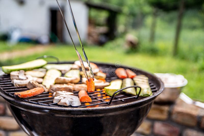 Vegan Open Fire Barbecue with Zucchini, Carrots and Mushrooms Stock ...