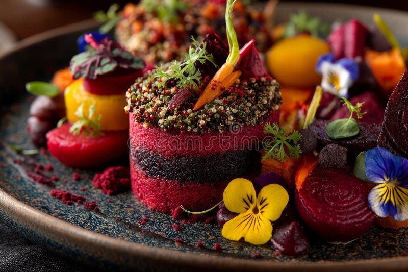 Vegan Plate Made with Beets, Microgreens, Quinoa and Vegetables Stock ...