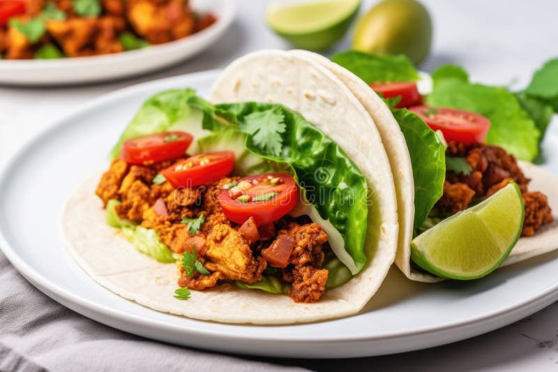 Vegan Soft Shell Taco with Tempeh, Lettuce, and Tomato Stock Image ...