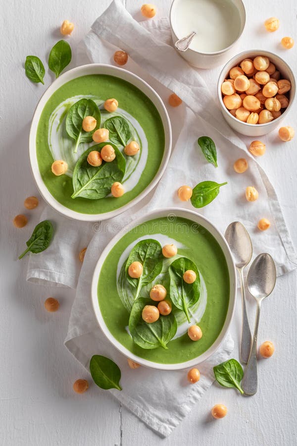 Vegan Spinach Soup Served with Peas Puff Stock Image - Image of herb ...