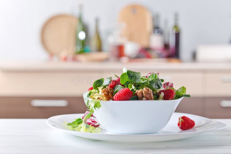 Vegan Spring Salad with Raspberries and Nuts Stock Photo - Image of ...