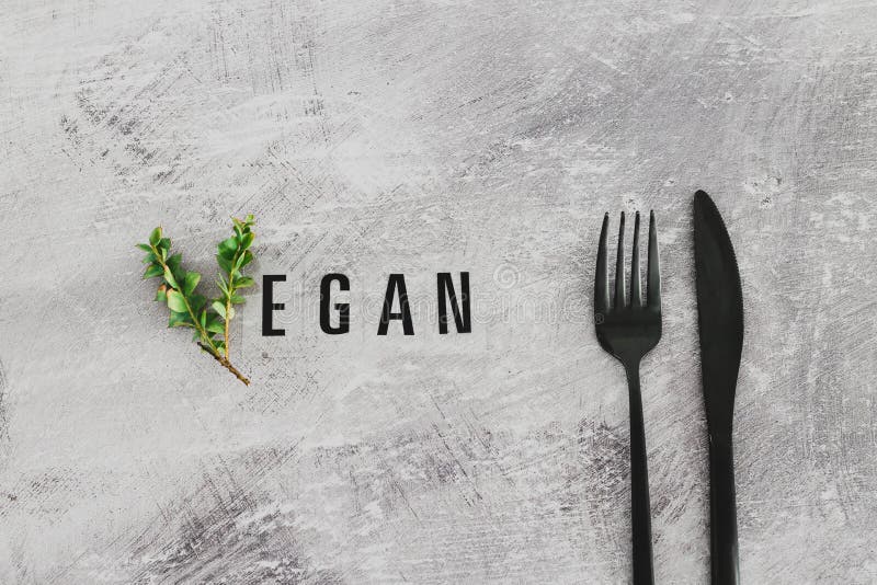 Vegan Text with V Made from Small Branches with Leaves Next To Fork and ...
