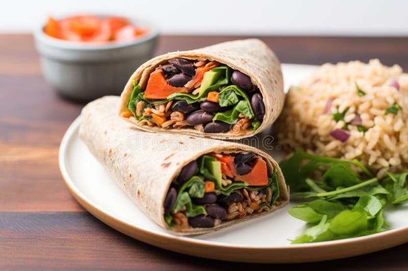 Vegan Wrap with Black Beans, Brown Rice, and Vegetables Stock Photo ...