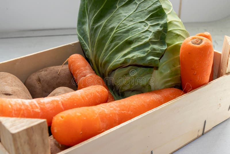 Vegetable Box of Potaoes, Carrots and Cabbage Stock Image - Image of ...