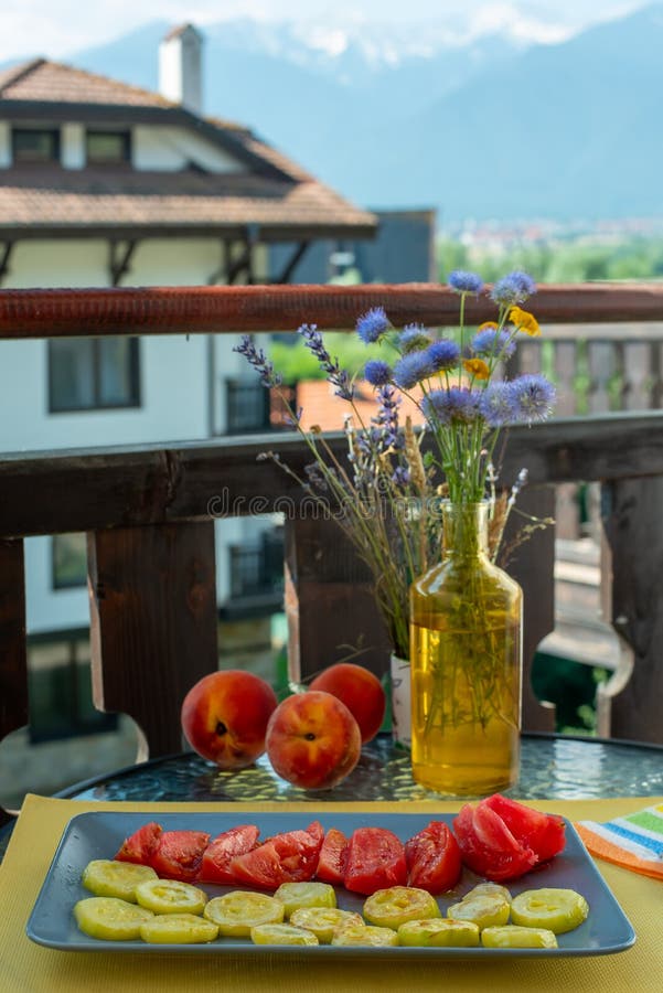 Vegetable Breakfast on the Terrace in Summer Stock Image - Image of ...