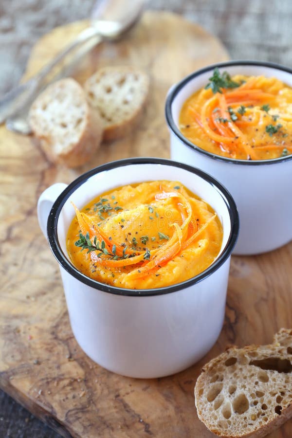 Vegetable Carrot Soup and Bread, Two Portions Stock Photo - Image of ...