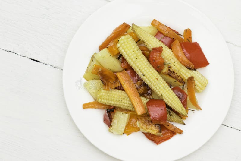 Baked Young Baby Corn and Vegetables on Plate. Stock Image - Image of ...