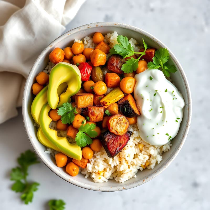 A Vegetable and Chickpea Rice Bowl with Curry Spices Roasted Vegetables ...