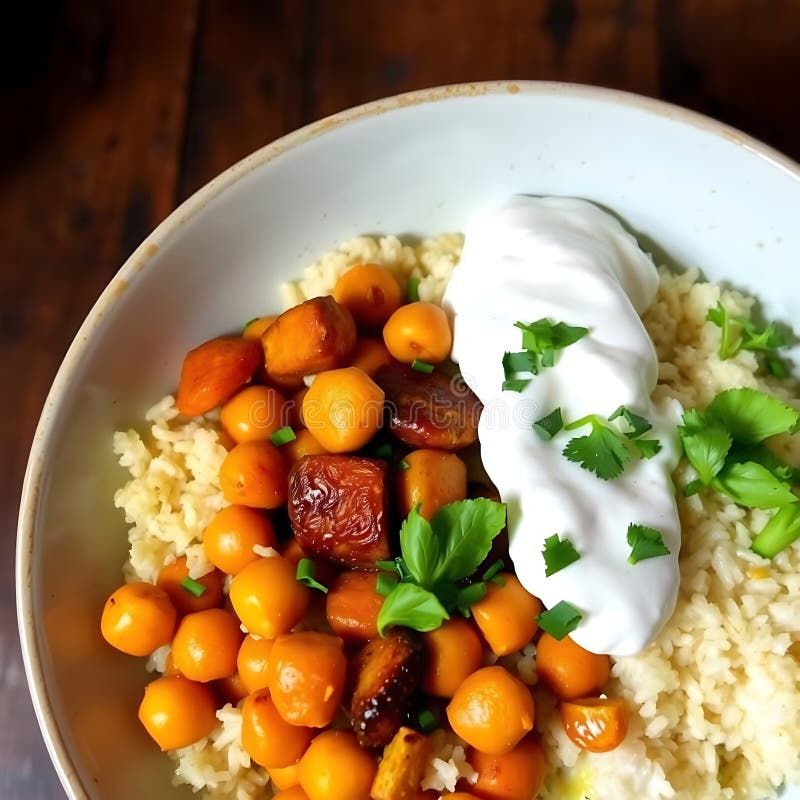A Vegetable and Chickpea Rice Bowl with Curry Spices Roasted Vegetables ...